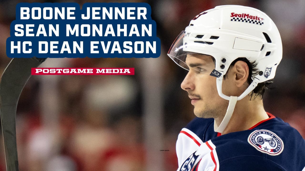Boone Jenner, Sean Monahan & Head Coach Dean Evason, Blue Jackets ...