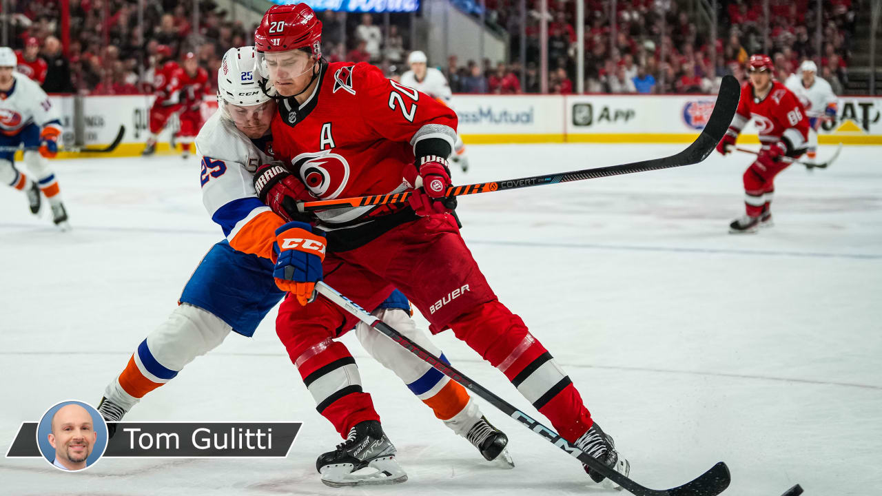 Sebastian Ahos facing off for Hurricanes, Islanders in Eastern 1st ...