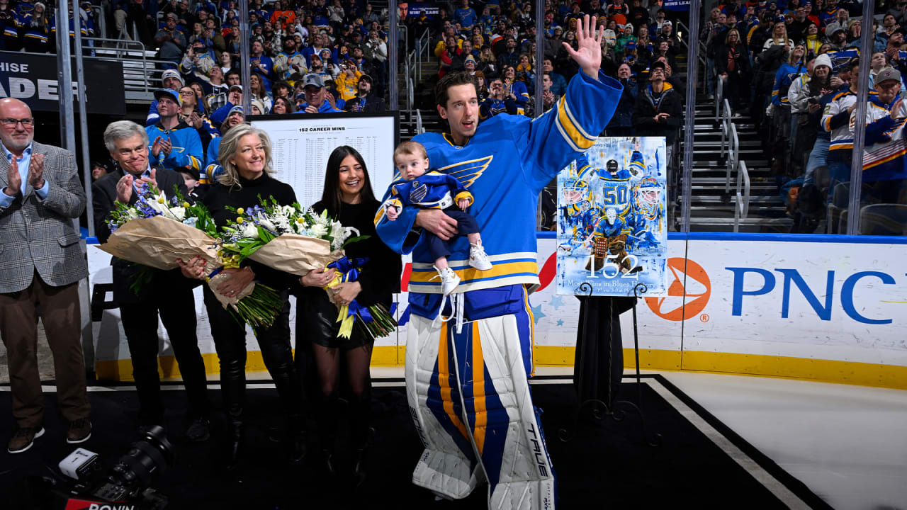 Blues celebrate Binnington's milestone | St. Louis Blues