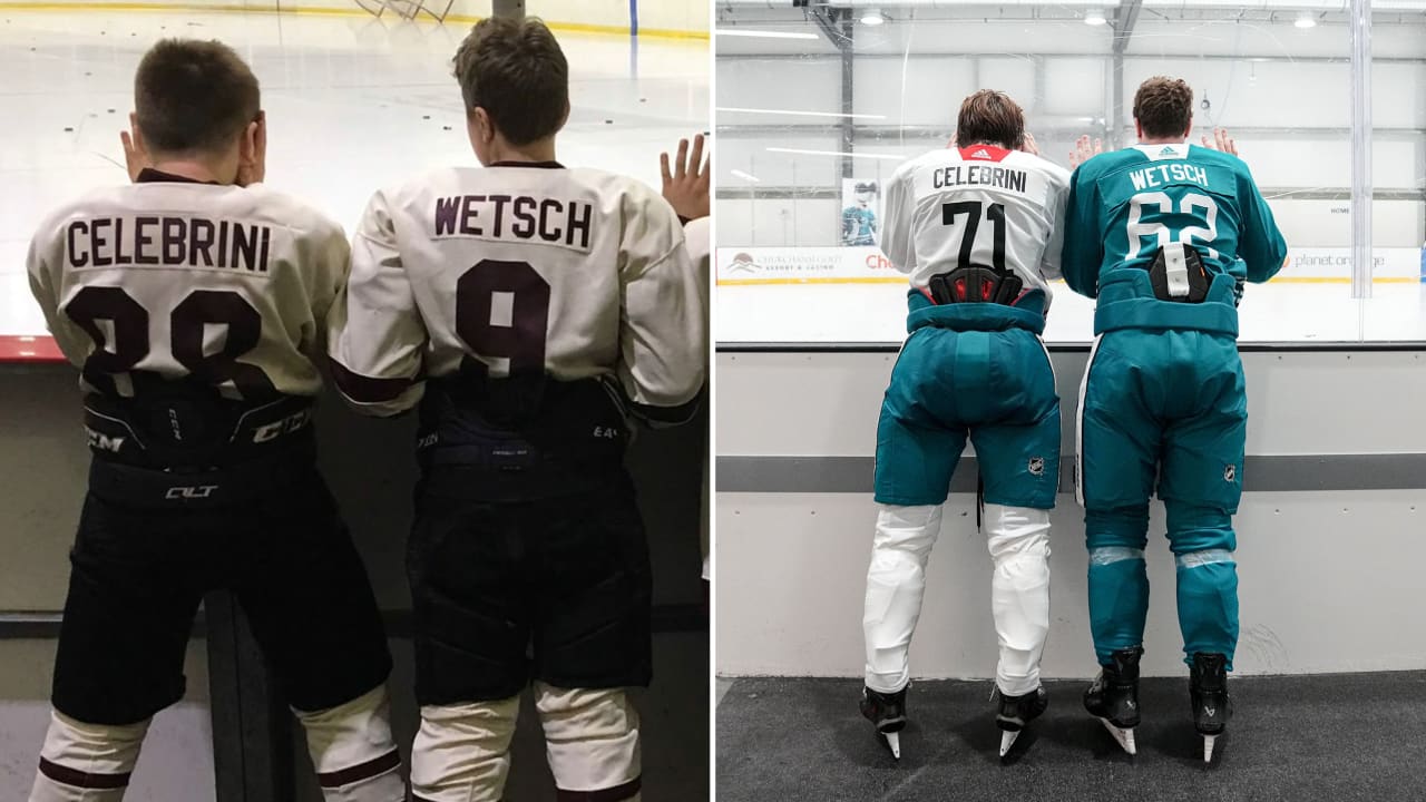 Celebrini, Wetsch recreate childhood photo after Sharks prospect scrimmage | NHL.com