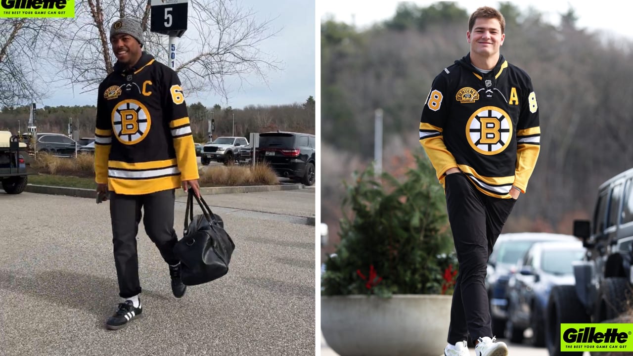 Patriots walk in with Bruins jerseys ahead of Centennial game | NHL.com