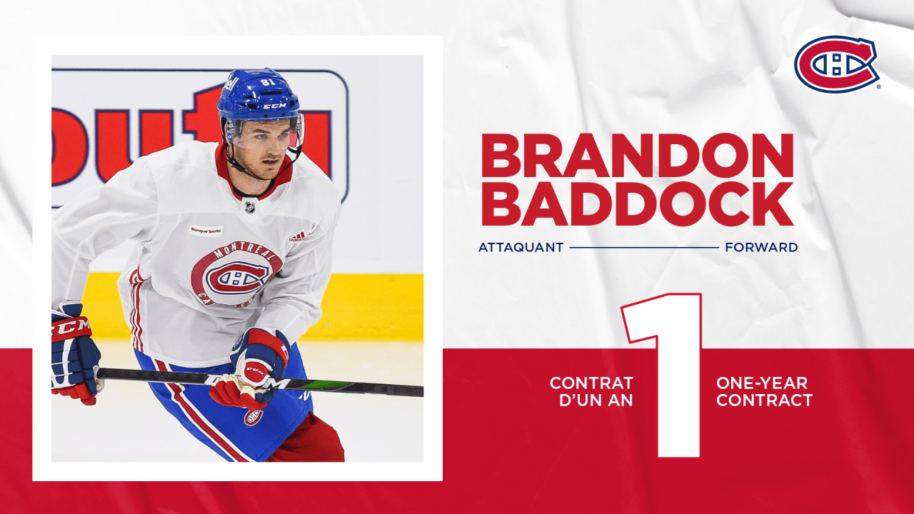 Contrat d'un an à deux volets pour Brandon Baddock | Canadiens de Montréal
