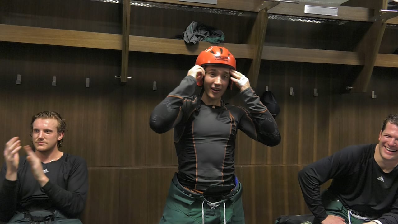 Helmet and celly at Edmonton | Minnesota Wild