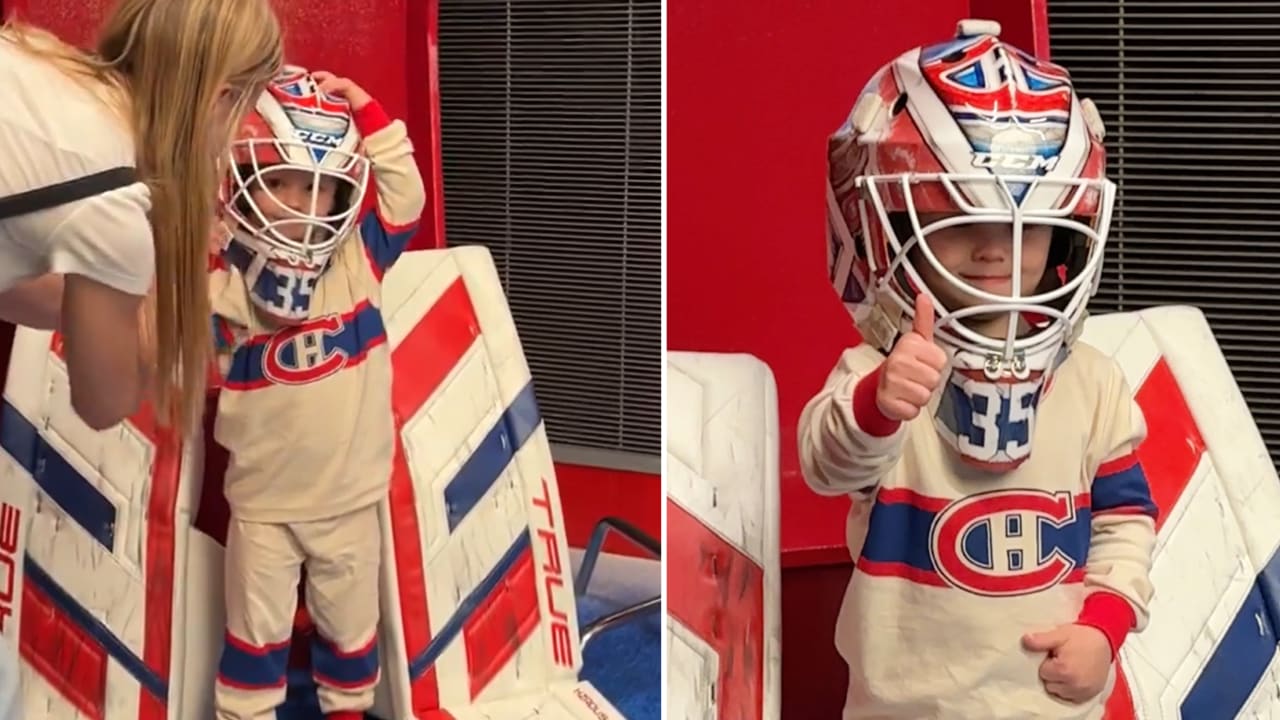 Matheson's son wears Montembeault's mask for adorable photo | NHL.com