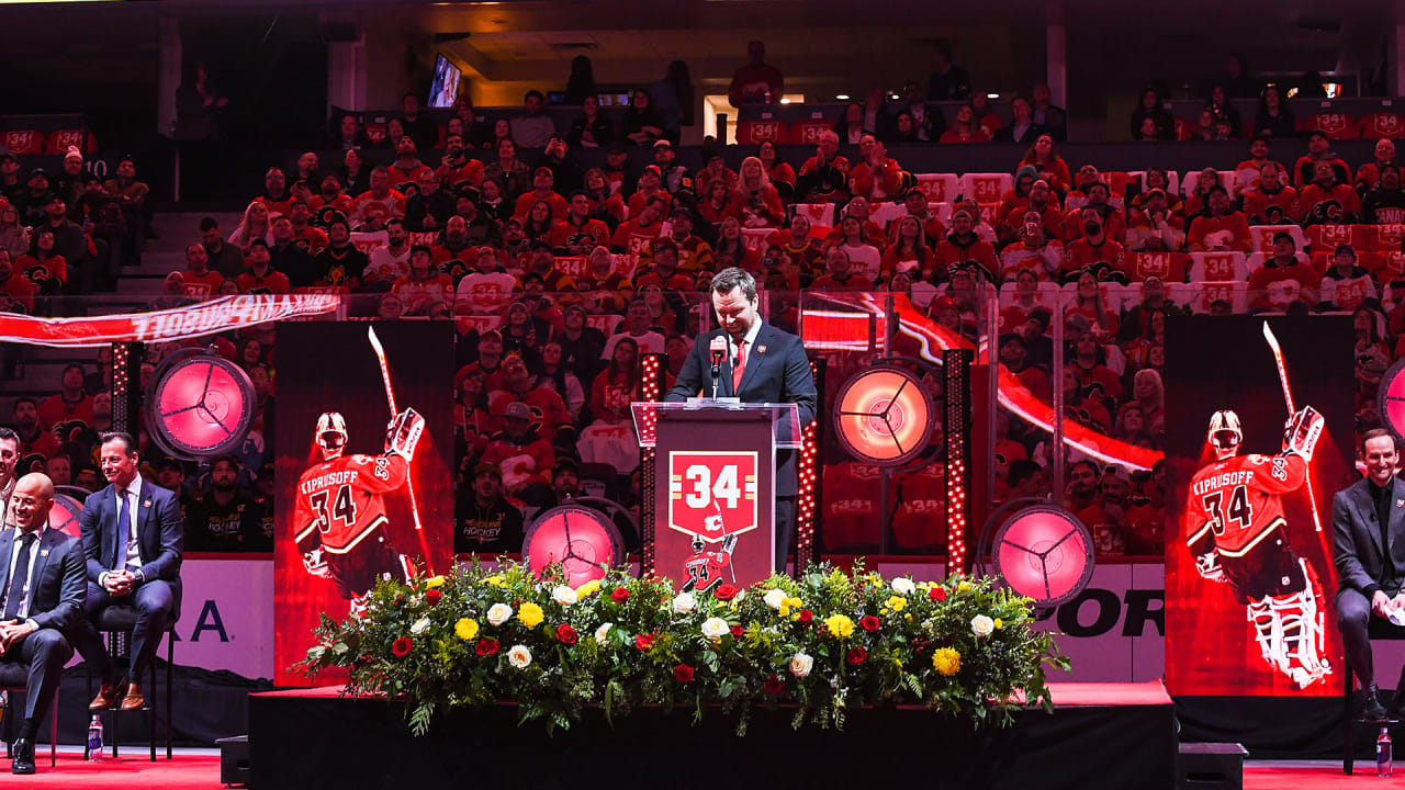 Flames retire Kiprusoff's No. 34, former goalie turns emotional during ...