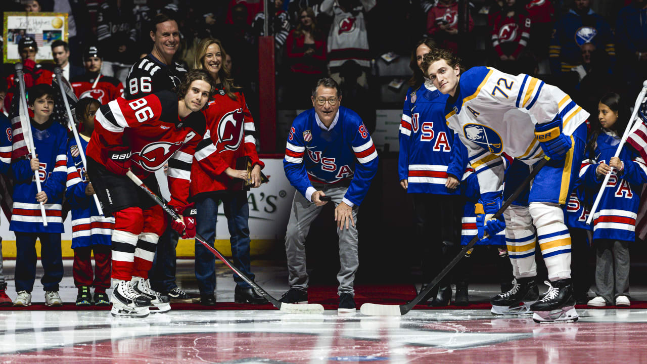 USA teammates Hughes, Thompson drop ceremonial puck | NHL.com